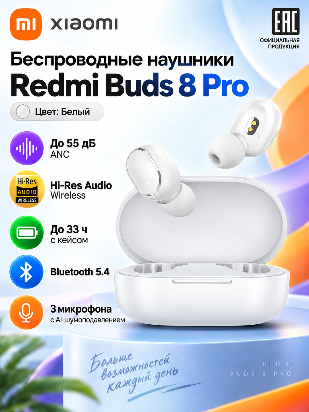 Беспроводные наушники Redmi Buds 8 Pro, ANC 55 дБ, Bluetooth 5.4, Hi-Res Audio, белые, BHR08GJGL