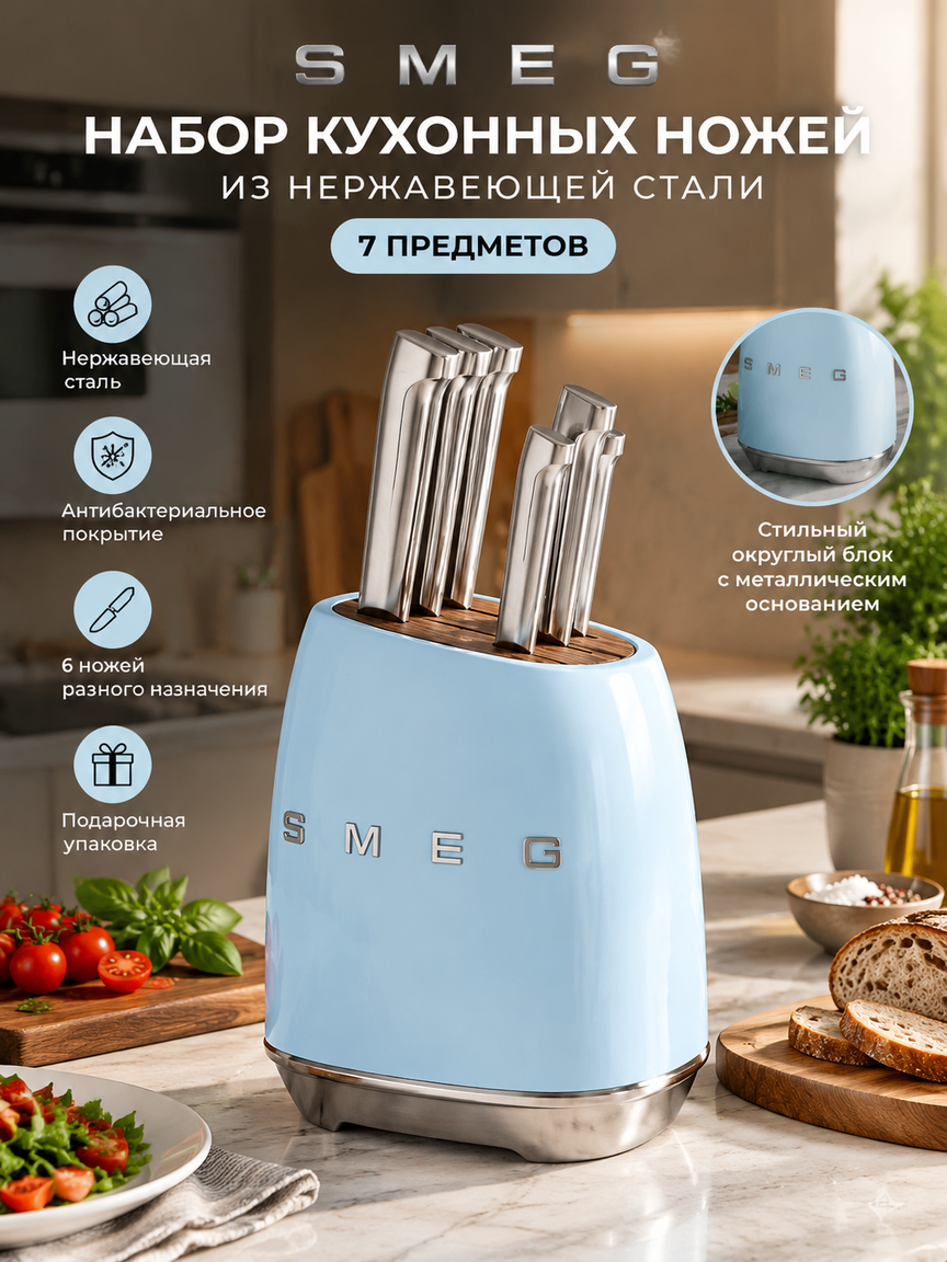 Кухонный набор из 6 ножей и подставки: нержавеющая сталь, голубая подставка, 7 предметов