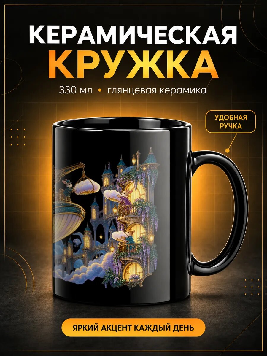 Кружка керамическая TOP CUP, Сонные облака к вечеру, чёрная, 330 мл