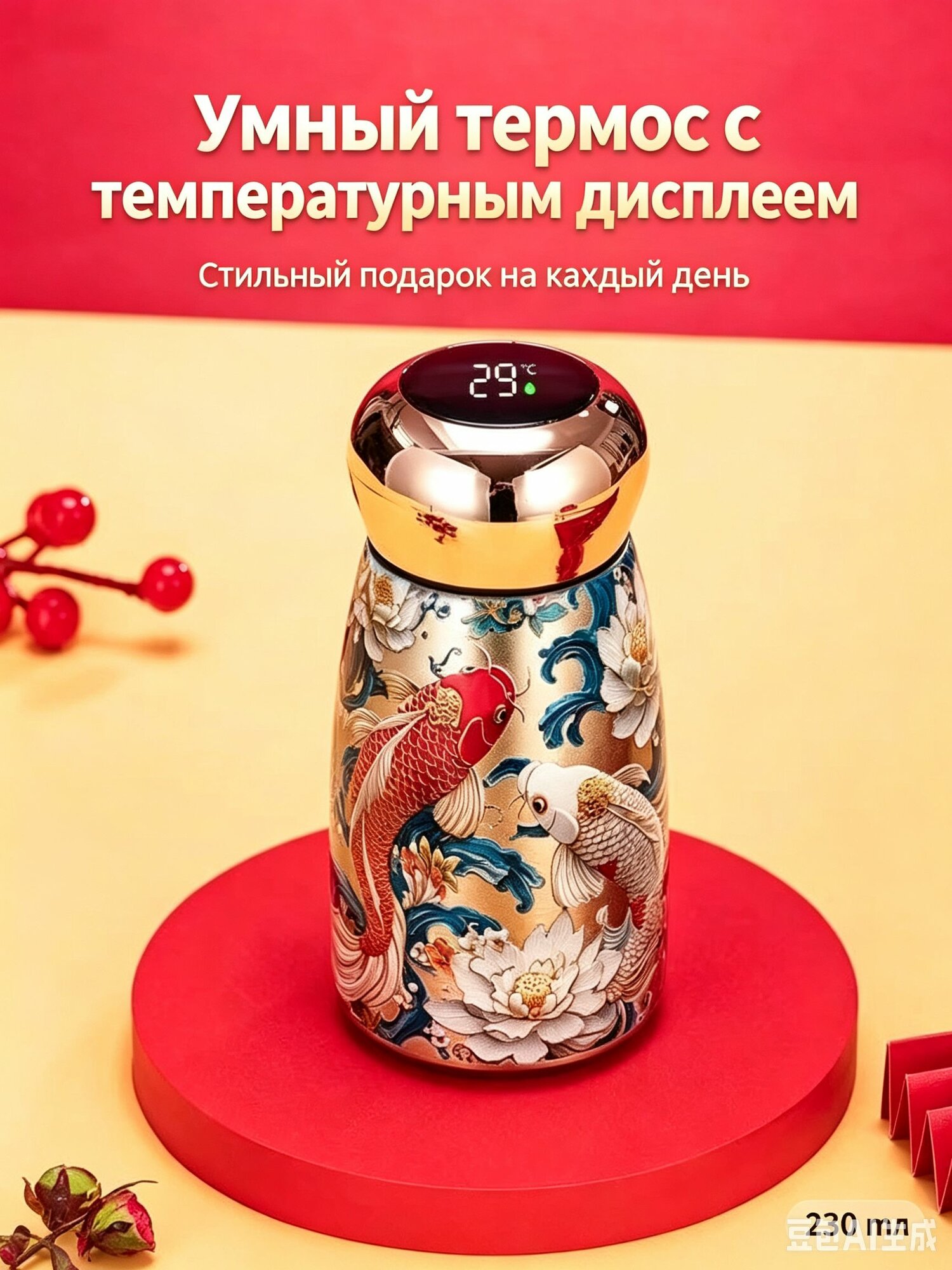 Термокружка 0.23 л, холод 12 ч, тепло 12 ч, с термометром, непроливайка, разноцветный