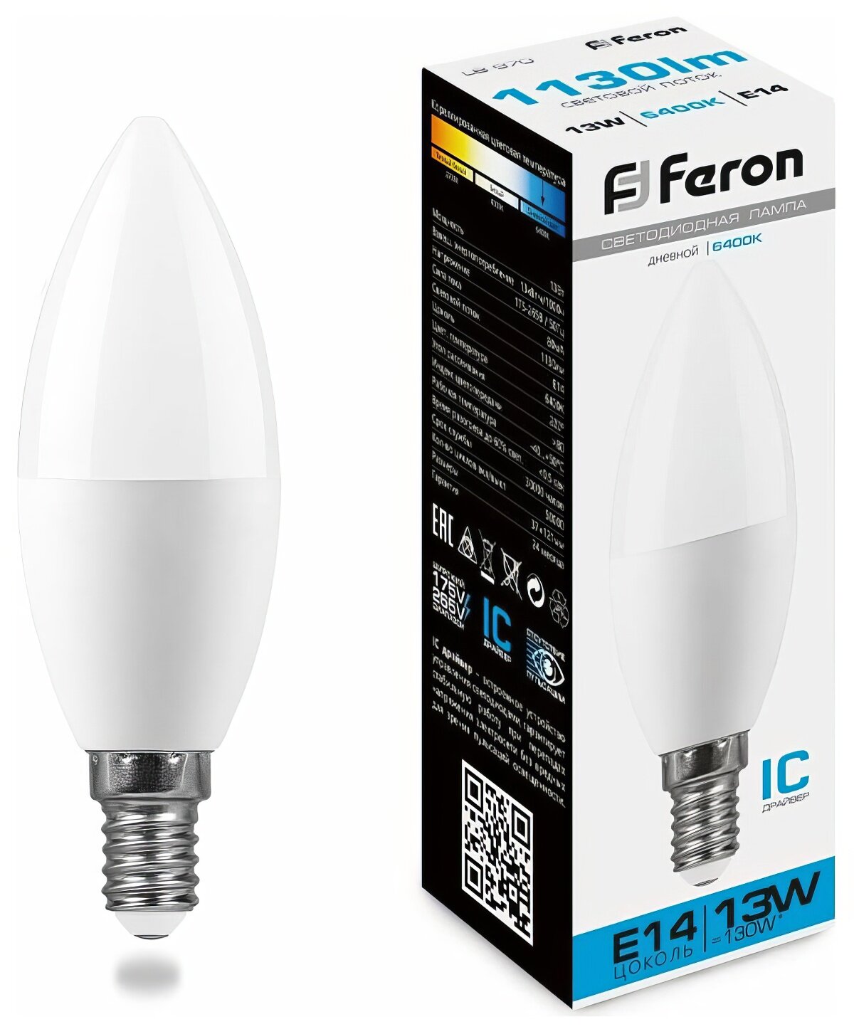 Светодиодная лампа FERON LB-970, 13W, 230V E14 6400K свеча 38109