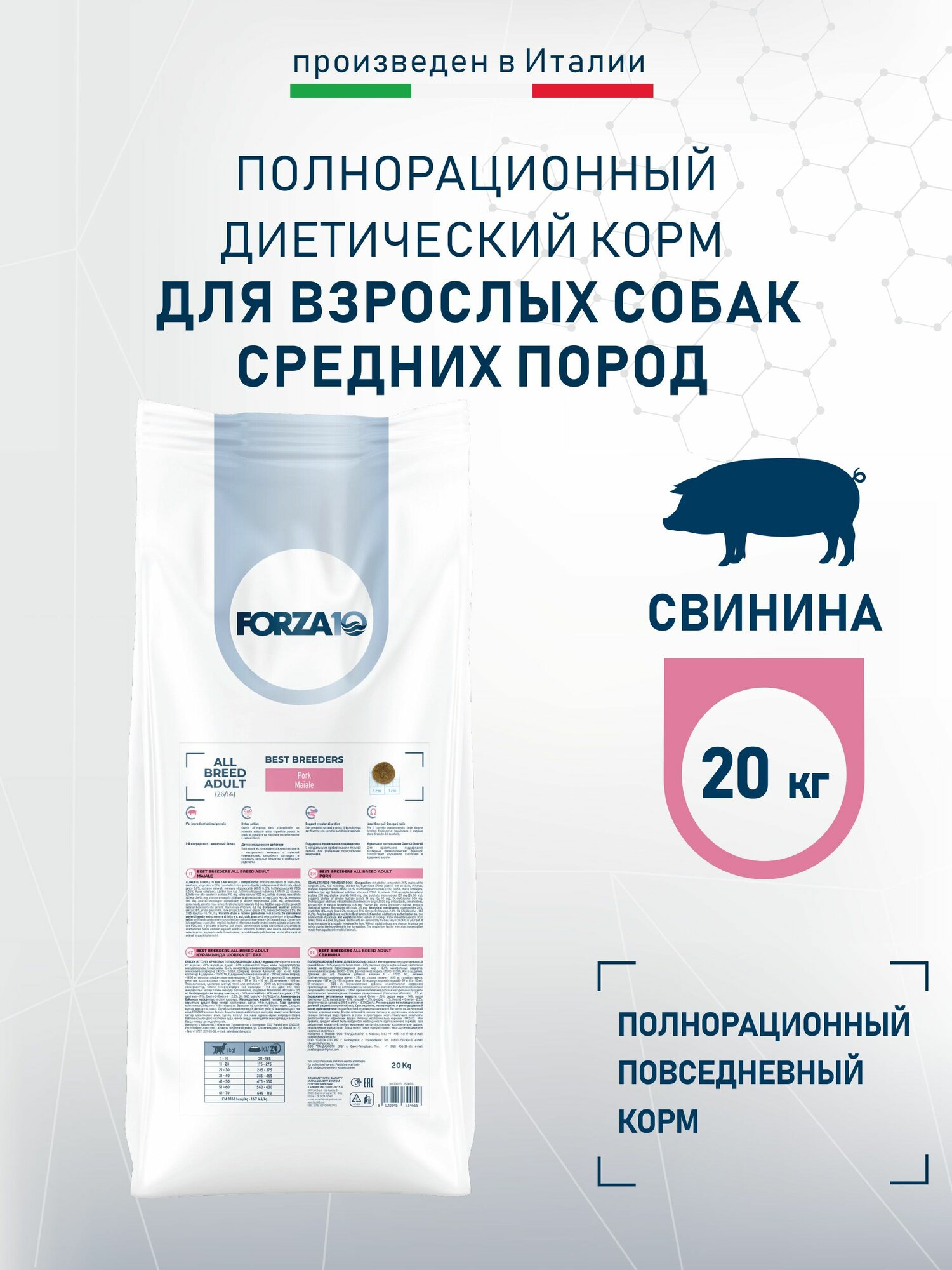 Корм для собак сухой Forza 10 Basic Breeders Adut All Breeds профессиональный, собачий премиум рацион для крупных, средних, мелких пород 20 кг со свининой