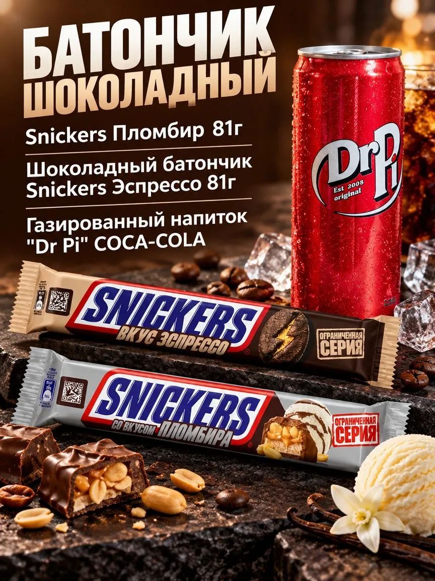 Сникерс пломбир и эспрессо и Газированный напиток "Dr Pi" кола