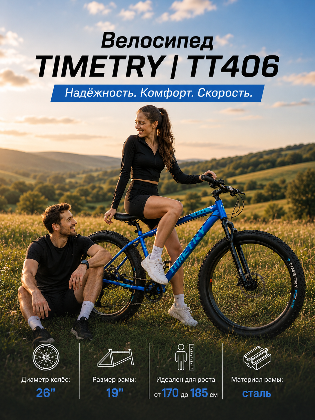 Велосипед фэтбайк BREND TIMETRY ORIGINAL TT406, диаметр колес 26", 9 скоростей, рама алюминий, цвет синий
