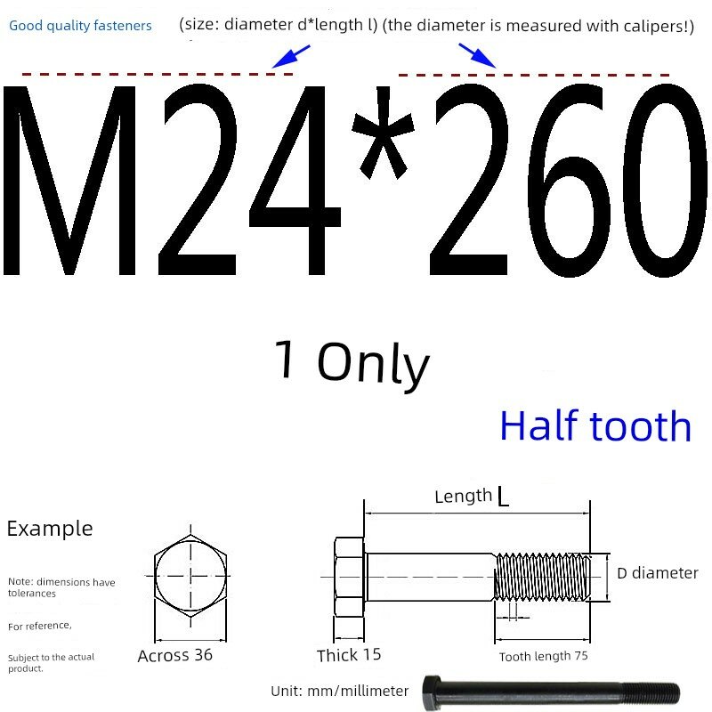 M24 x 260 мм Высокопрочный шестигранный болт с полурезьбой, класс 12.9