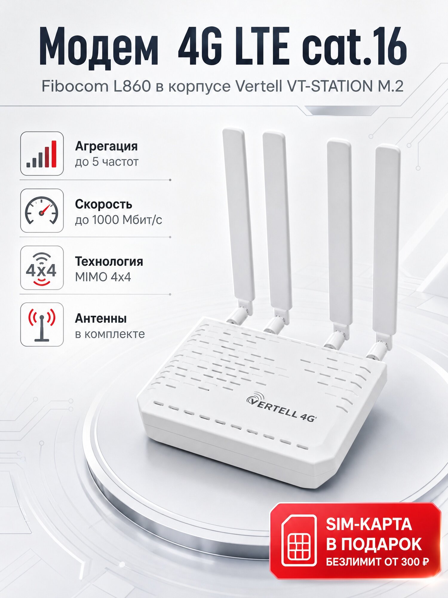 Модем 4G LTE cat.16 Fibocom L860 в корпусе Vertell VT-STATION-BLUE с 4 антеннами MIMO 4x4