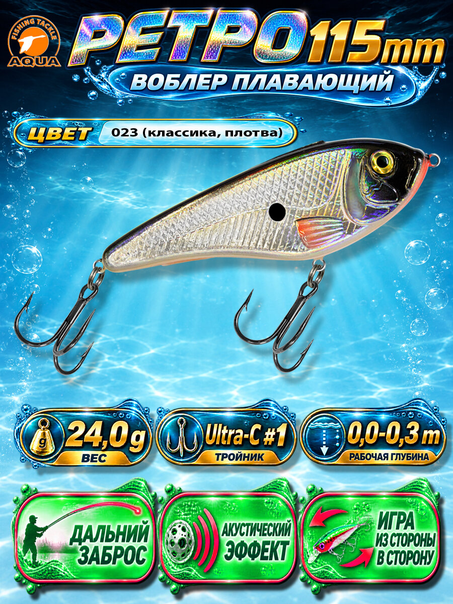 Воблер для рыбалки плавающий AQUA Ретро 115mm 24g. Приманка джеркбейт на спиннинг, на щуку, судака, окуня цвет 023