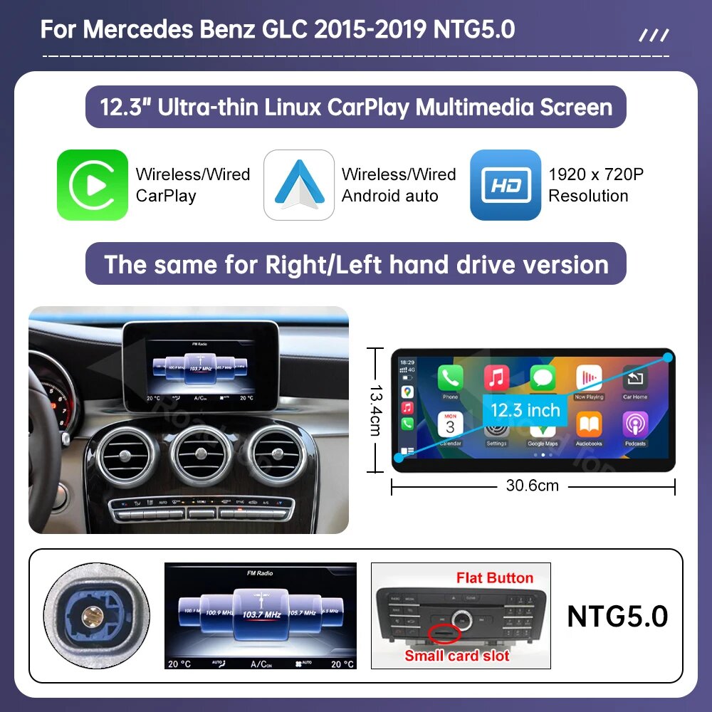 12,3-дюймовый сенсорный экран на Linux для Mercedes Benz W205 GLC C V Class V447 GLA CLA NTG5.0 2015-2019 с беспроводным CarPlay и Android Auto