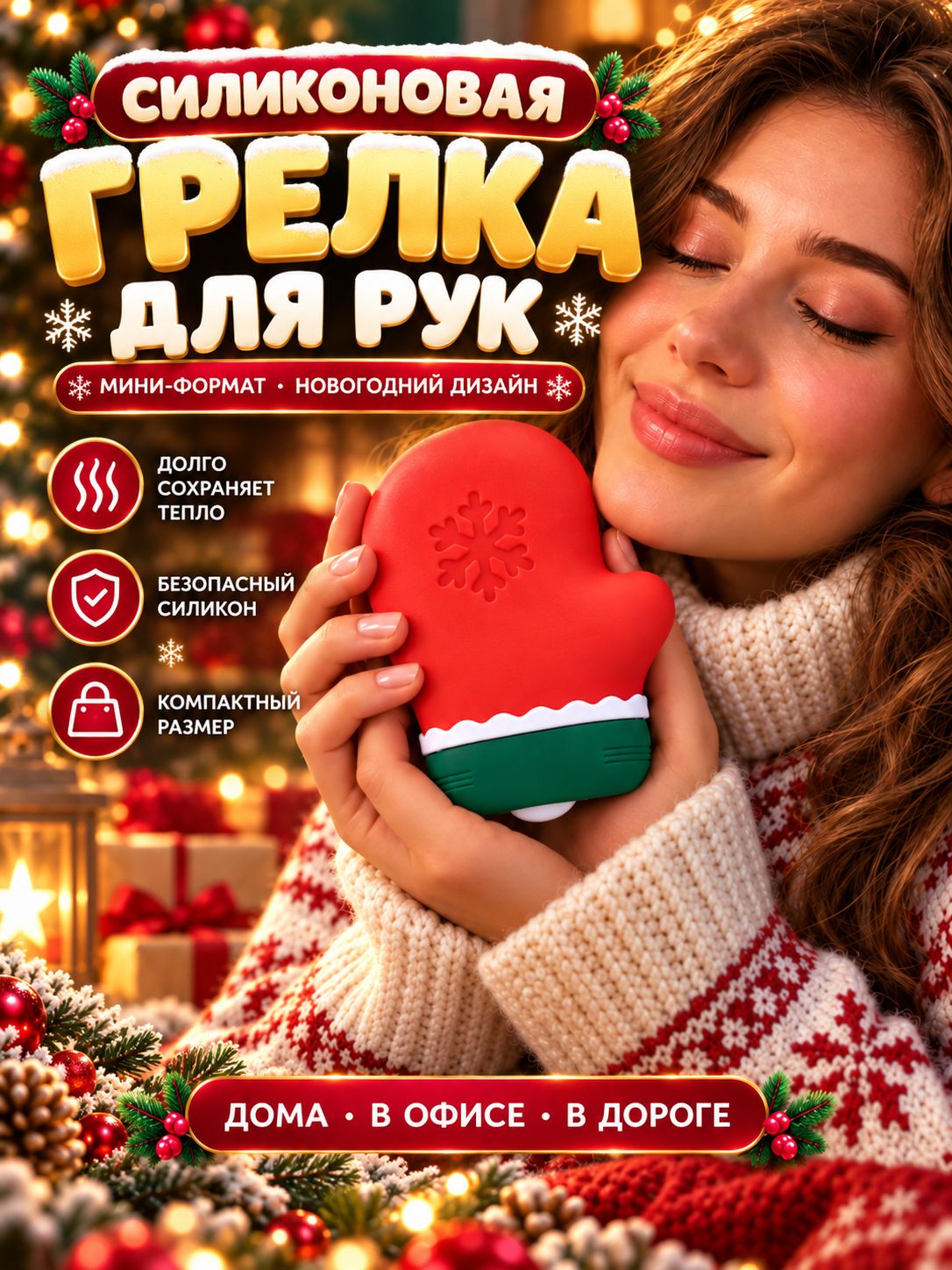 Новогодняя силиконовая грелка для рук с горячей водой, мини-грелка в форме варежки, многоразовая