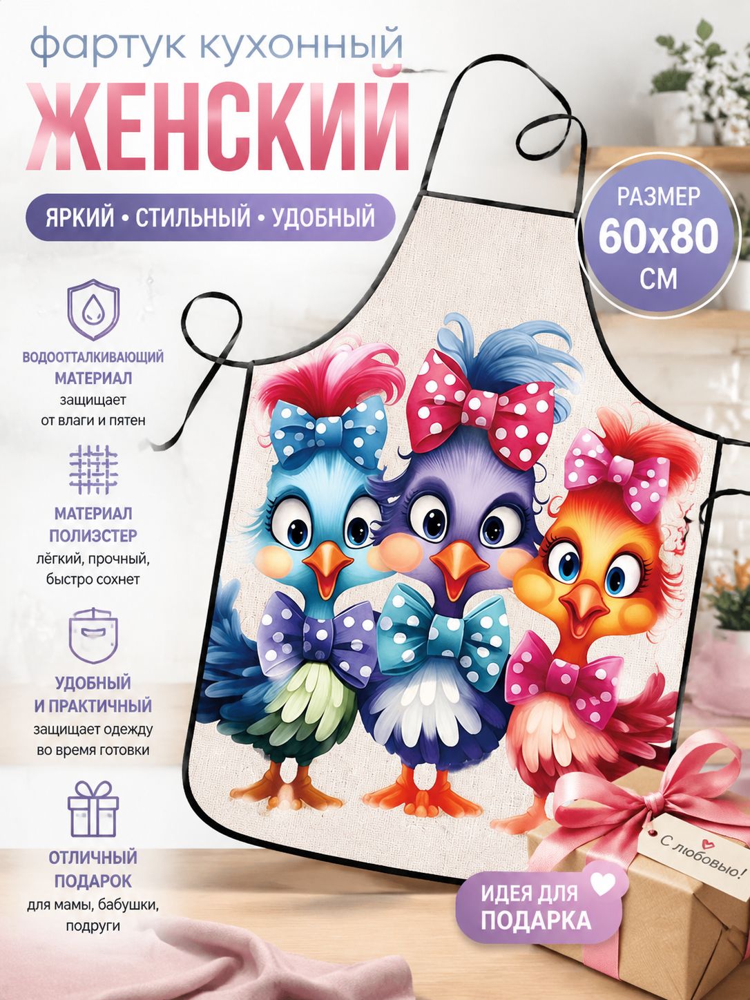 Фартук кухонный 1шт, яркие птички, водонепроницаемый