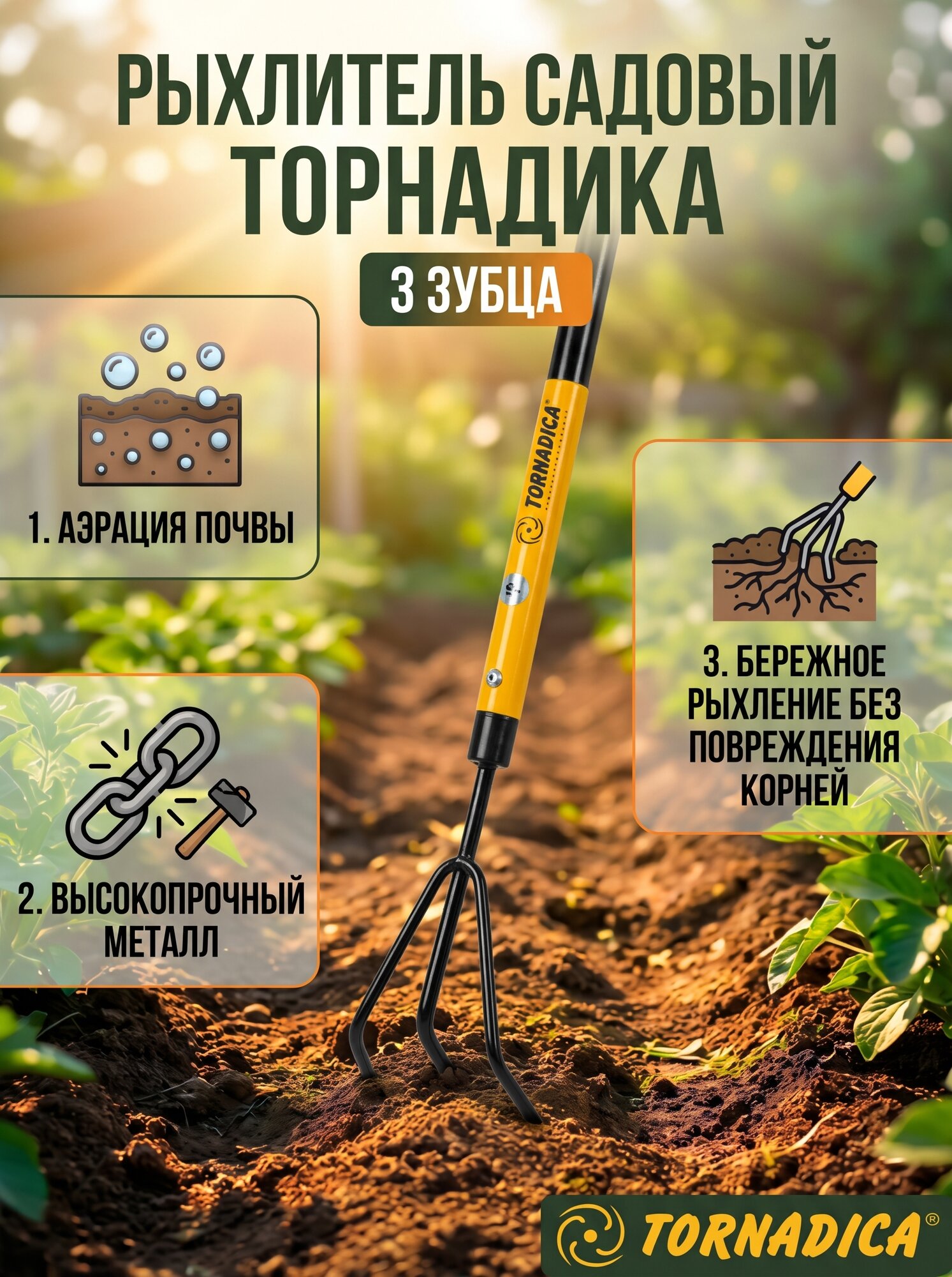 Рыхлитель садовый Торнадика 3 зубца с черенком / Культиватор 3 зуба со стальным черенком Tornadica