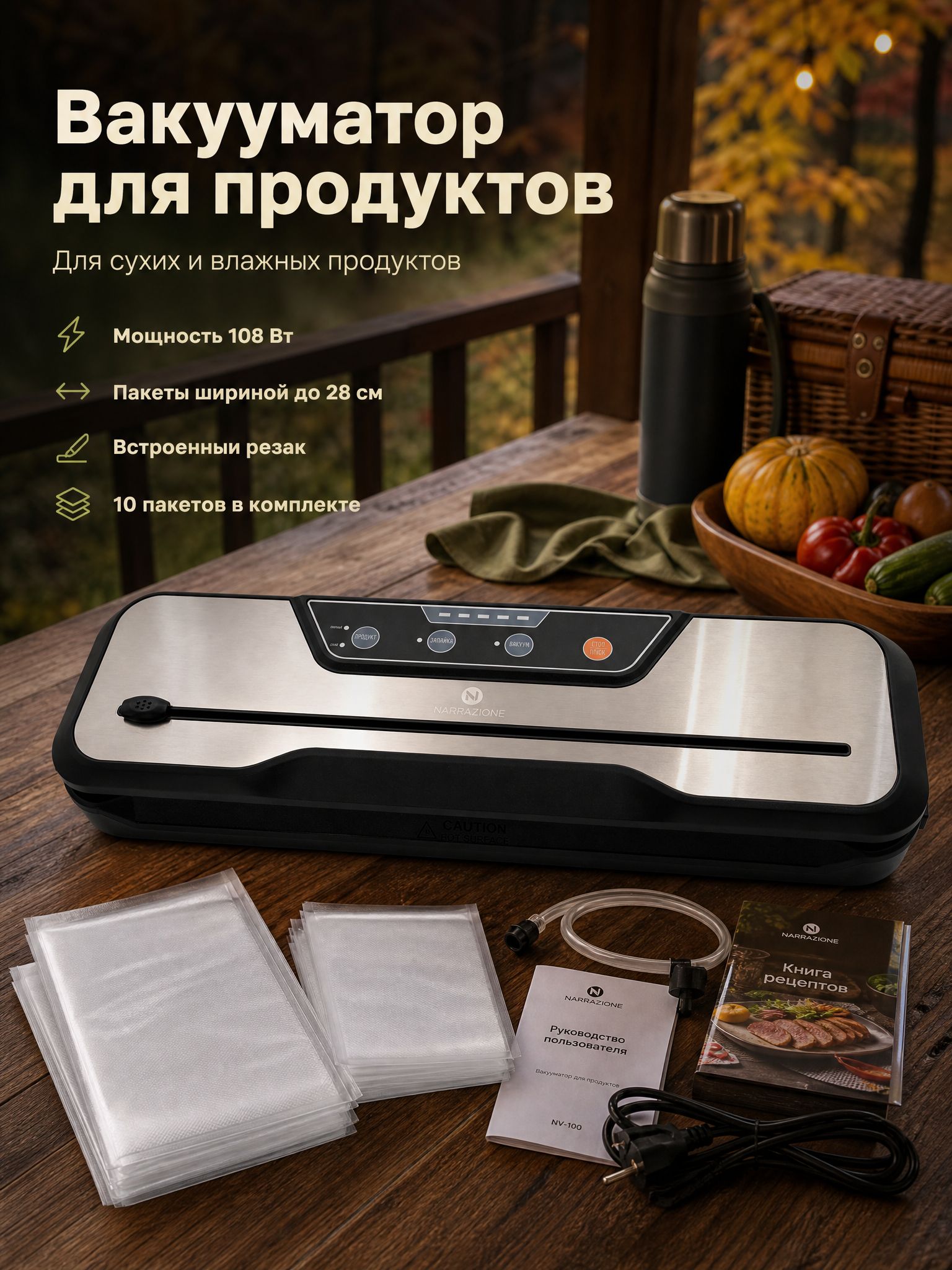 NARRAZIONE Вакууматор для продуктов VS6612X- + 1 рулон с пакетами и 10 пакетов для вакуумирования