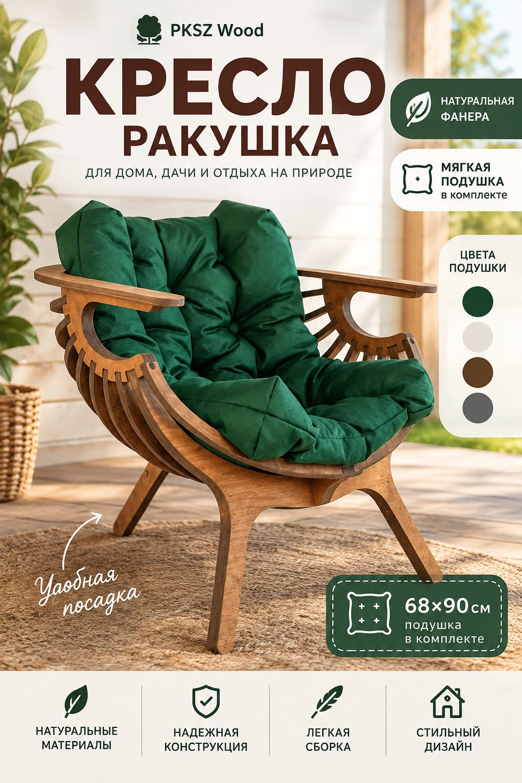 Кресло ракушка с подушкой PKSZWood на балкон