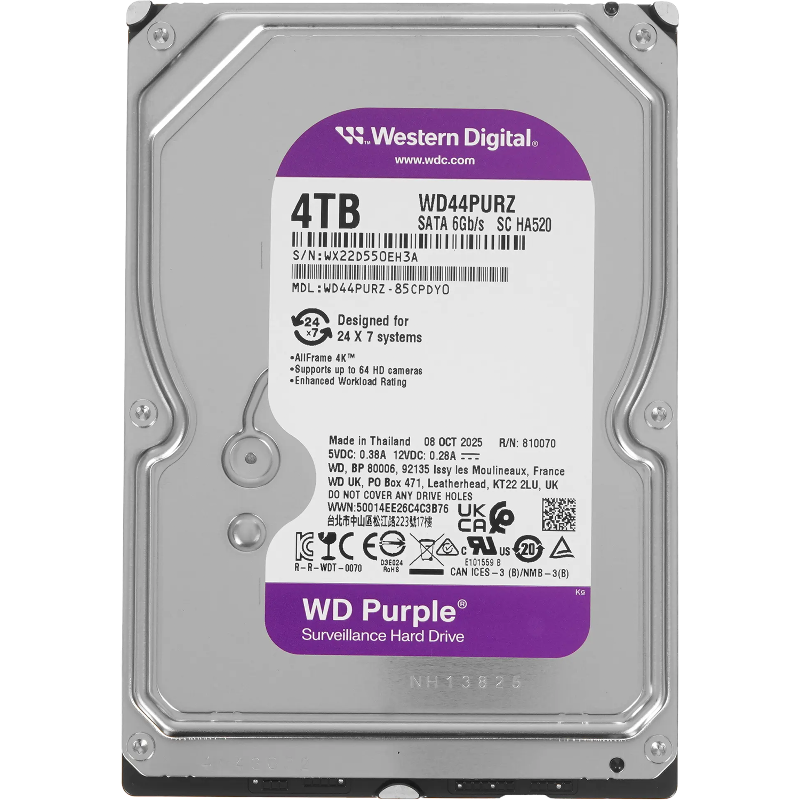 Жёсткий диск WD Purple 4 ТБ 3,5″, 5400 об/мин, кэш 128 МБ, для видеонаблюдения WD44PURZ