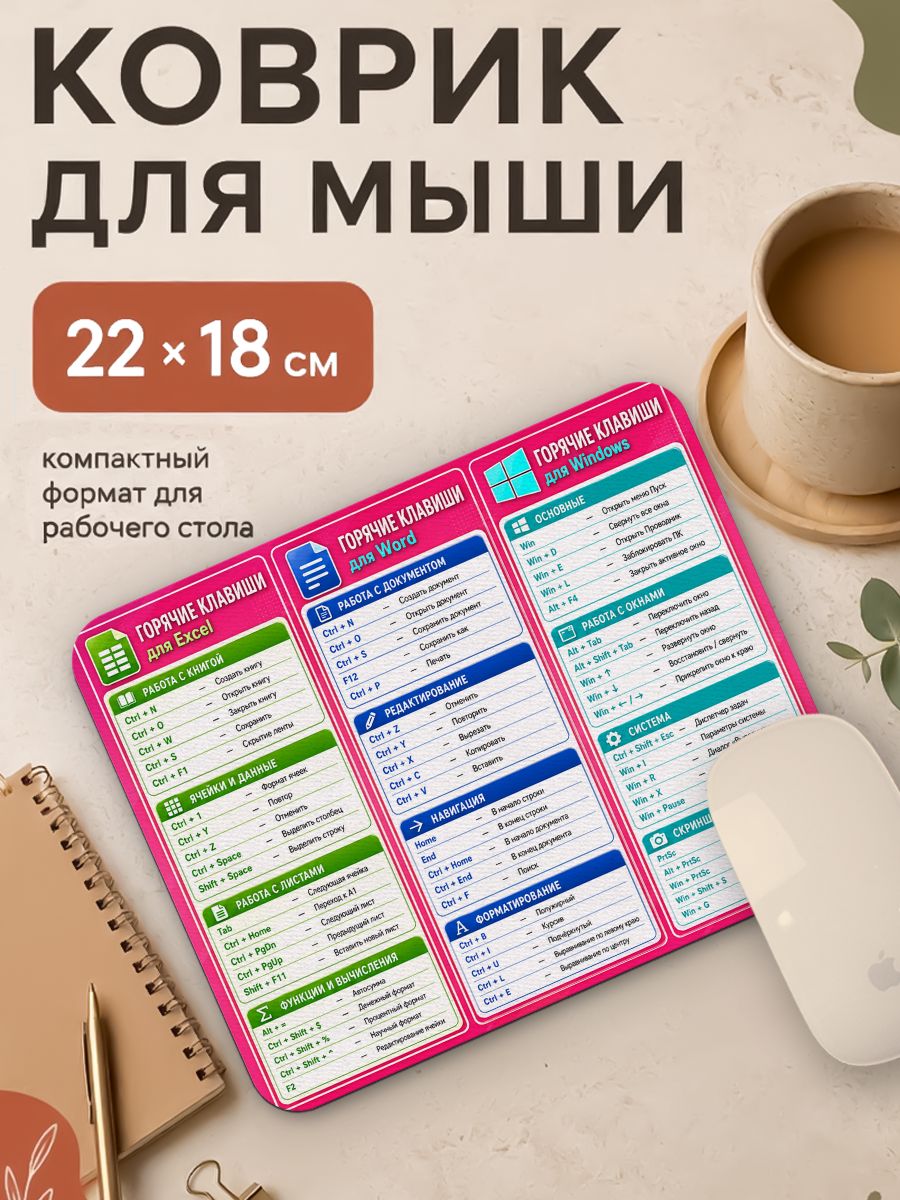 Коврик для мышки маленький 22 см для ноутбука "Сочетания клавиш Горячие клавиши Excel Word Windows шпаргалка"