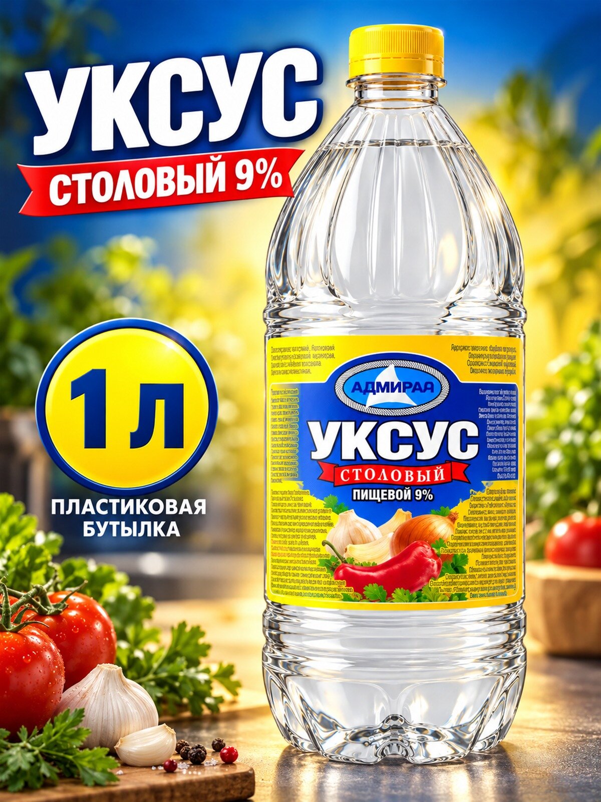 Уксус столовый Адмирал 9%, большая бутылка 1000 г, массовая доля уксусной кислоты 9%, для маринадов, заправок и солений
