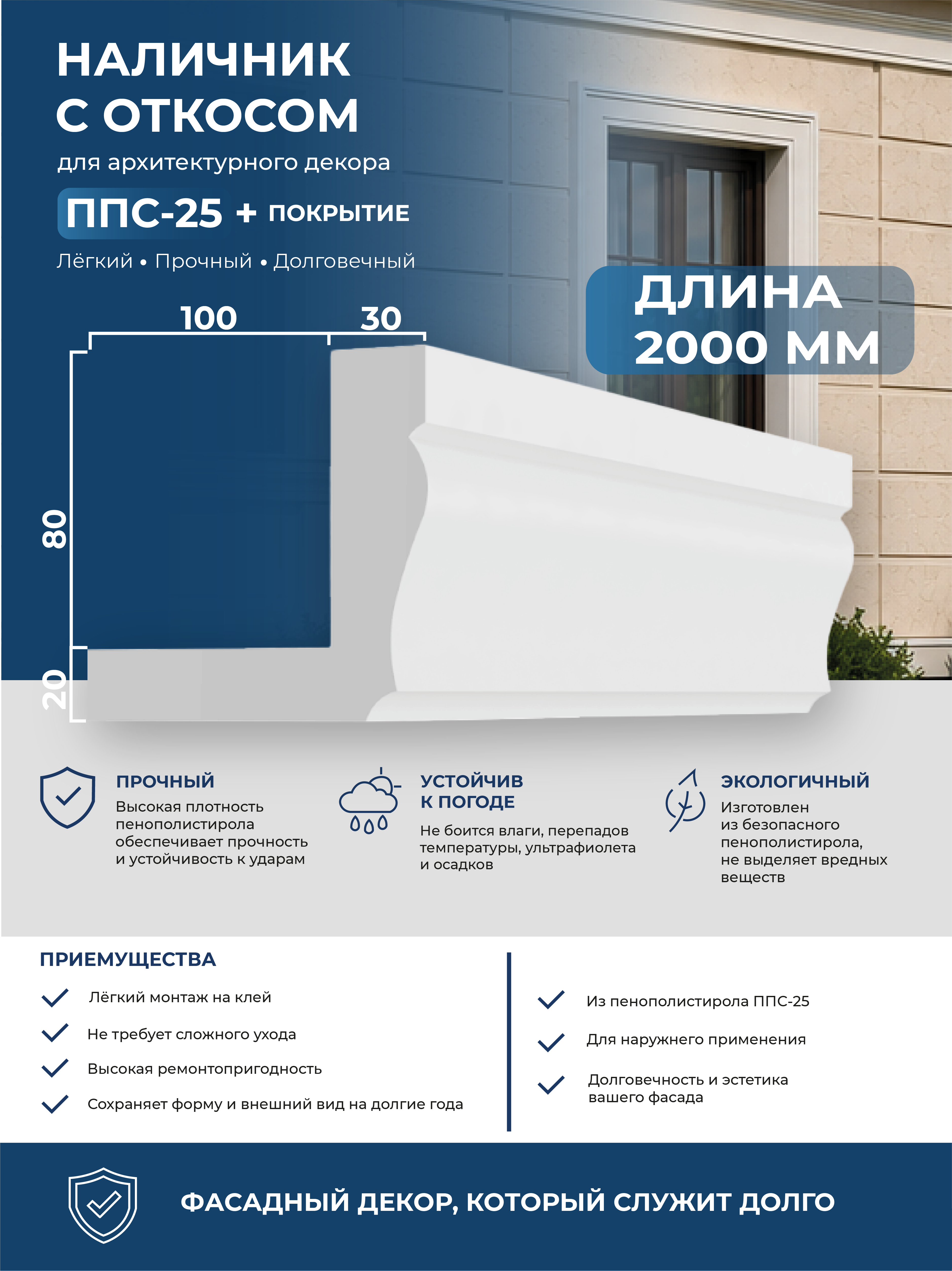 Наличник с откосом из пенополистирола IZODECOR набор 8 шт 10х13х200 см, ППС-25 с покрытием. Фасадный декор