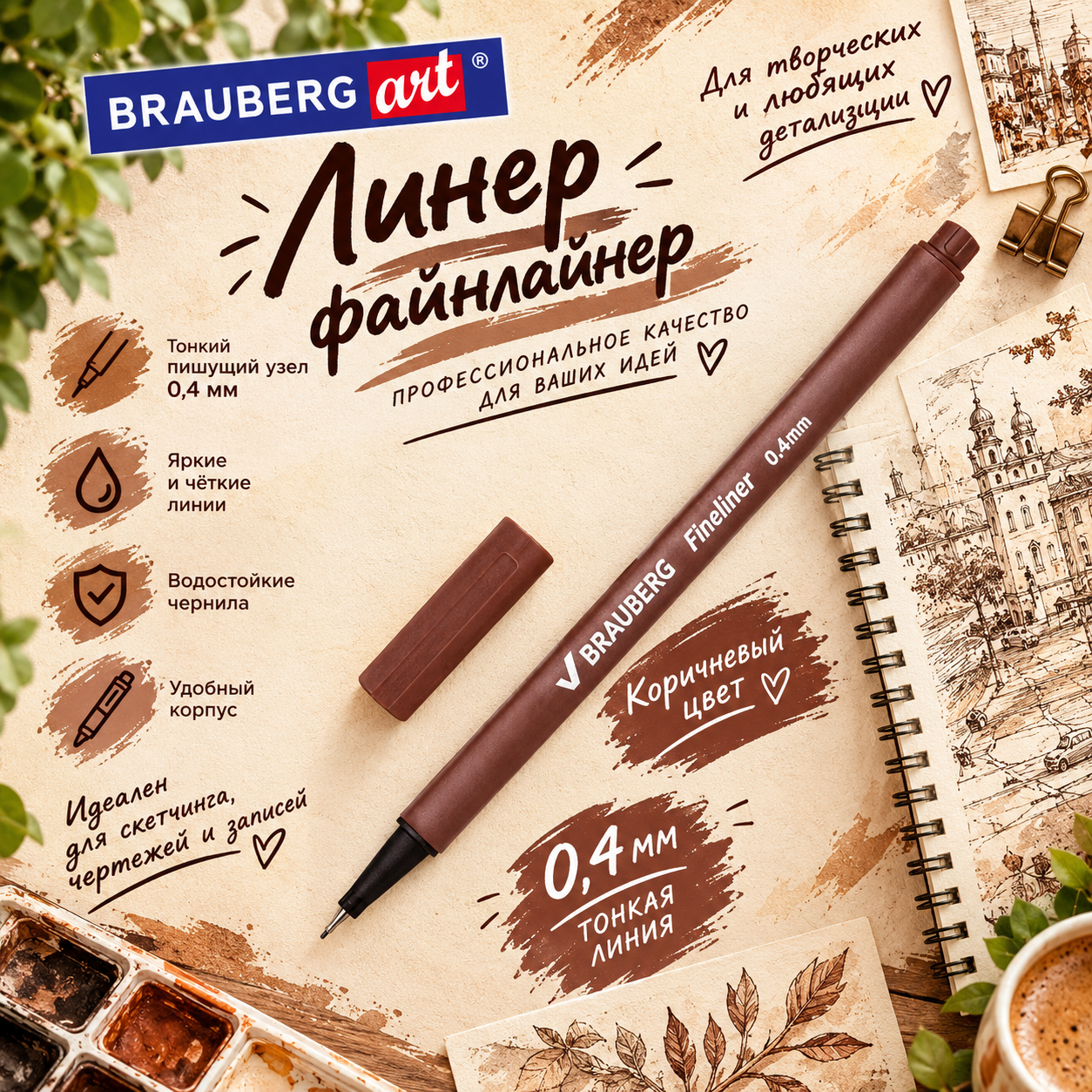 Ручка капиллярная (линер) BRAUBERG Aero, коричневая, трехгранная, металлич. наконечник, 0,4мм