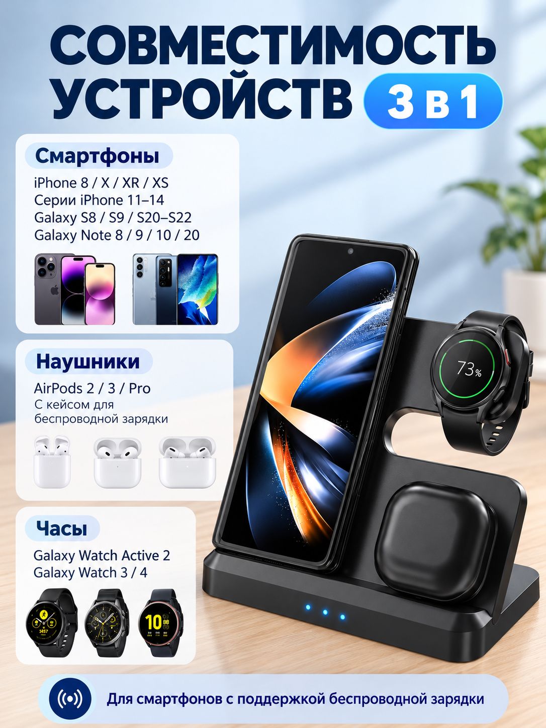 Беспроводное быстрое зарядное устройство 3-в-1/док-станция для быстрой зарядки Android-часов и наушников