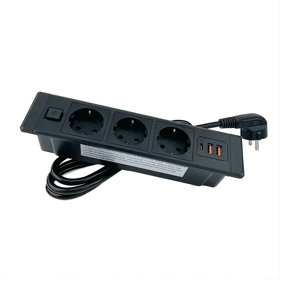 Встраиваемая настольная розетка размер 195*58*51 два евро порта 2 USB 1 Type-C выключатель кабель 1.8 м, 3 евроразъема, 2 USB + 1 Type-C, общий выключатель, кабель 1.8 м (черный), 6 раз
