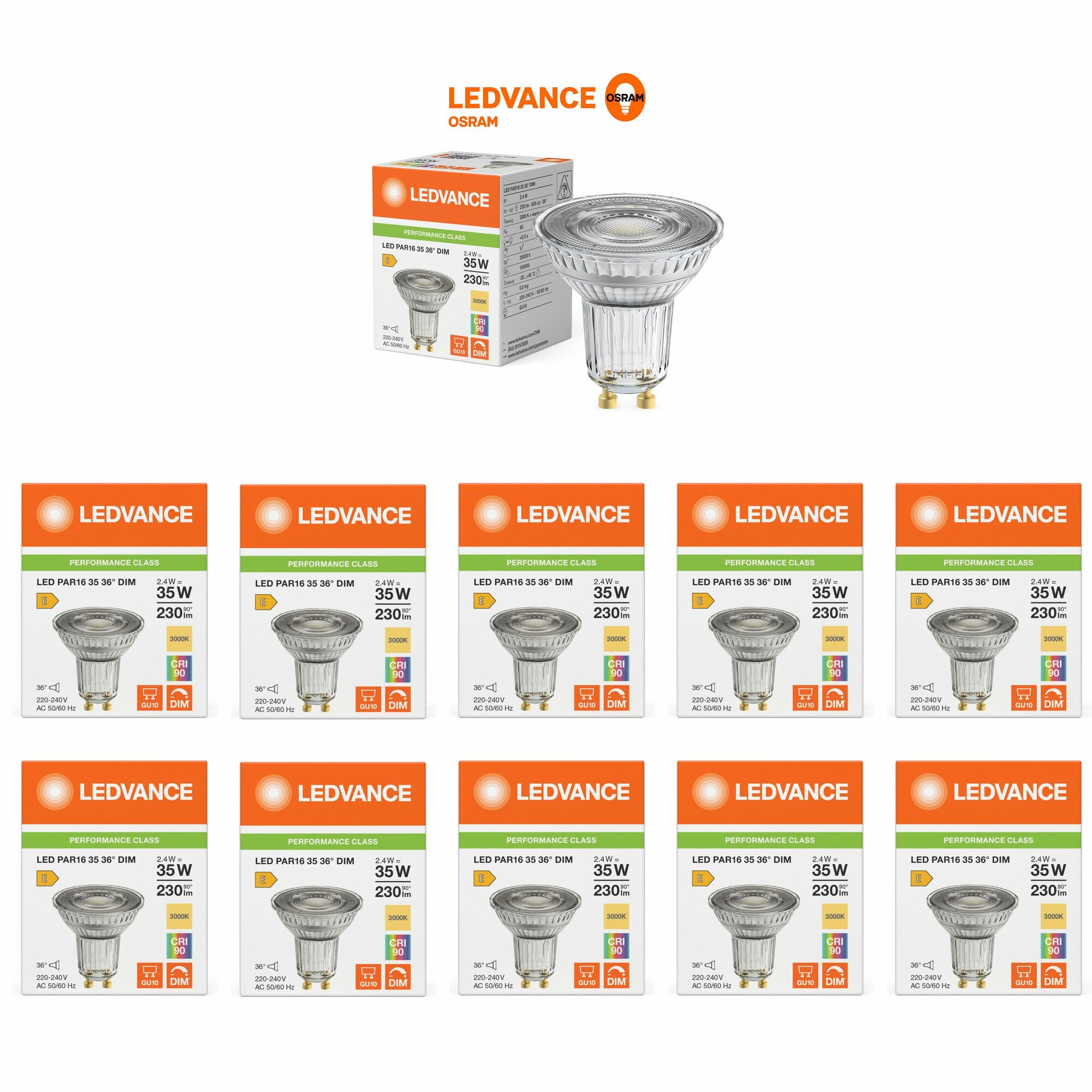10шт/уп. Лампа LED Софит 2.4W GU10 PAR16 DIM Ra90 220V 230Лм 3000К Угол 36 град. D-50mm L-52mm Диммируемая Свет Теплый белый OSRAM-LEDVANCE, уп. 10шт
