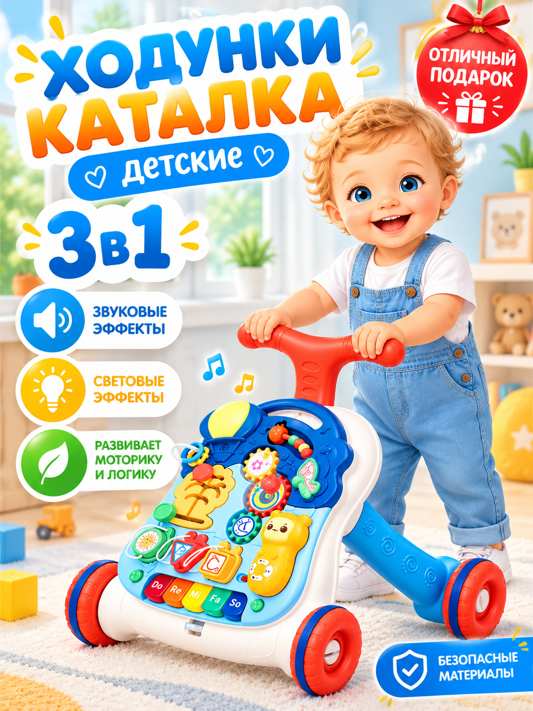 Ходунки каталка для малышей 3в1, бизиборд, каталка, игровой столик