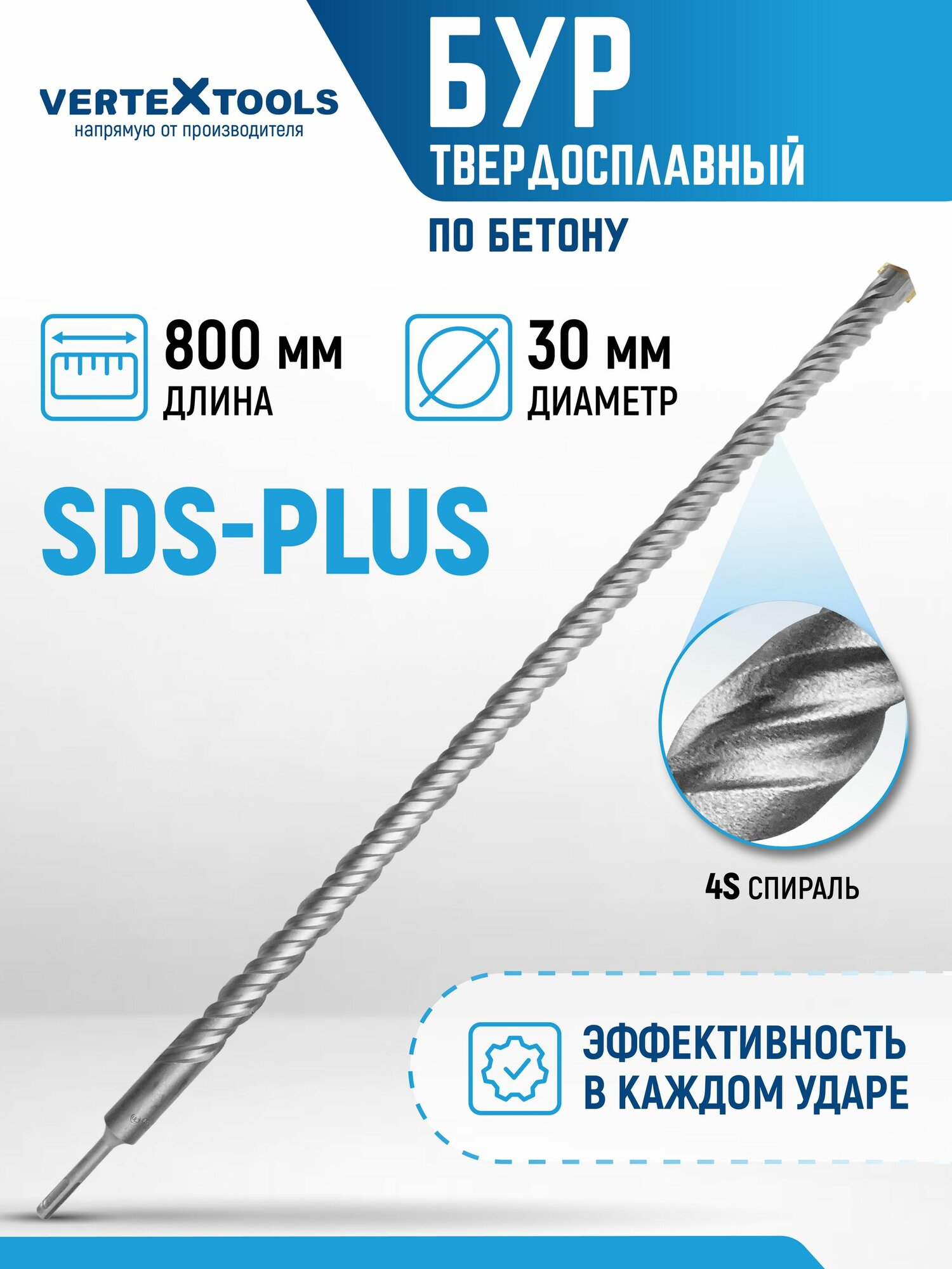 Бур для перфоратора 30 мм SDS-plus 30Х800 мм