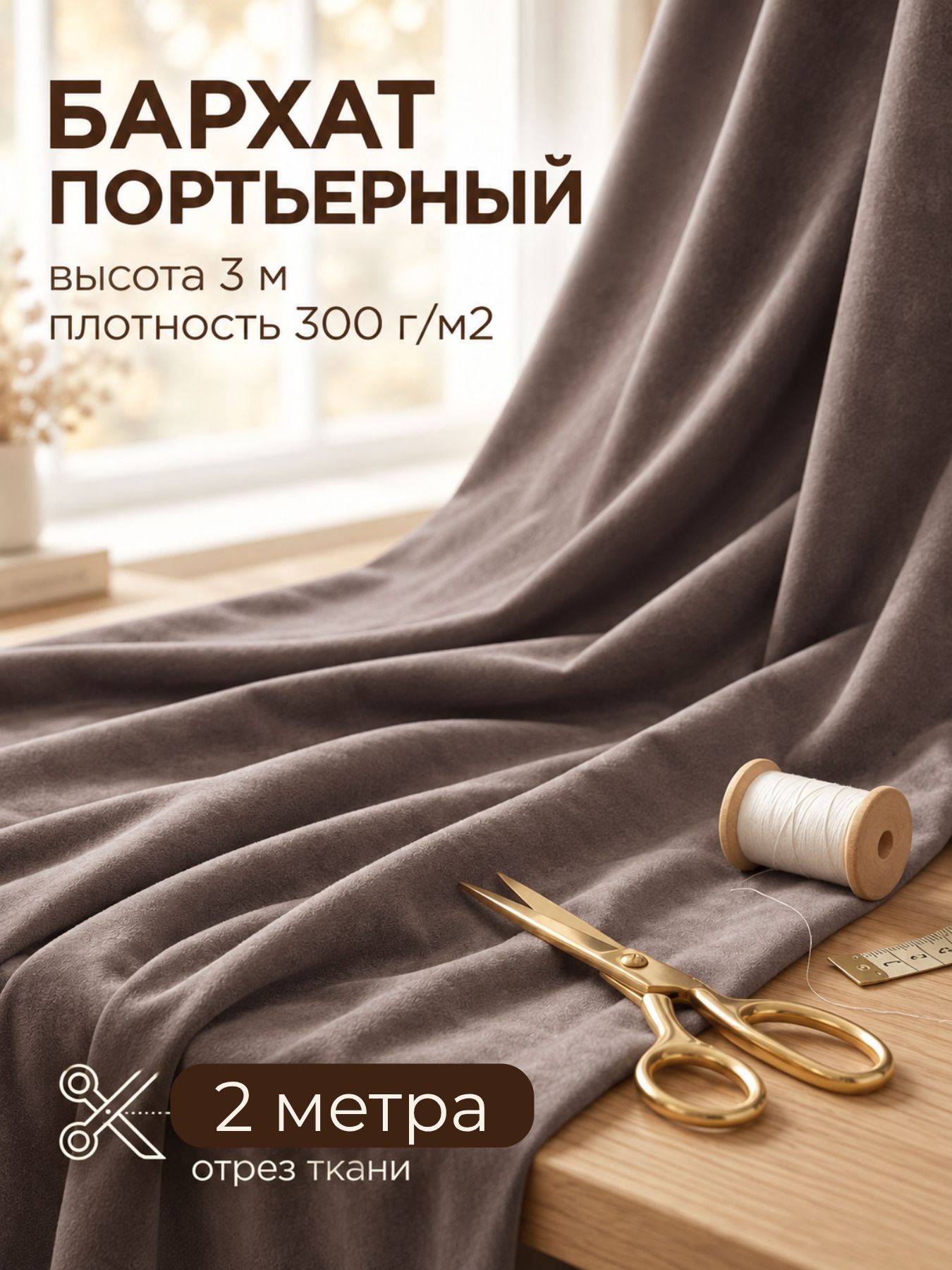 Ткань портьерная "Бархат" для штор, цв. пыльно-сиреневый, высота 300 см, отрез 2 метра