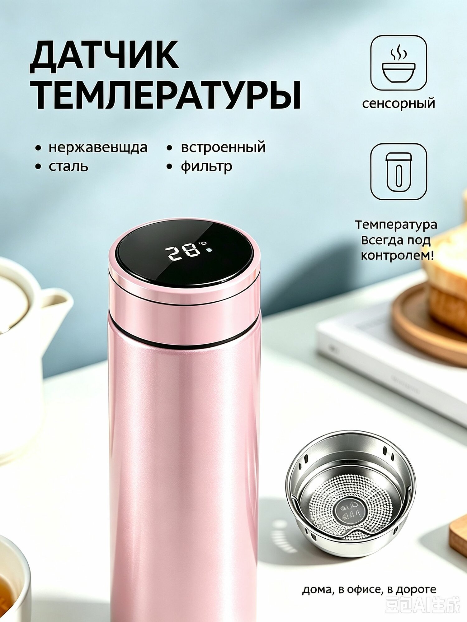 Термос розовый 0,5 л с фильтром-ситечком для напитков, удерживает тепло 12 часов, из нержавеющей стали
