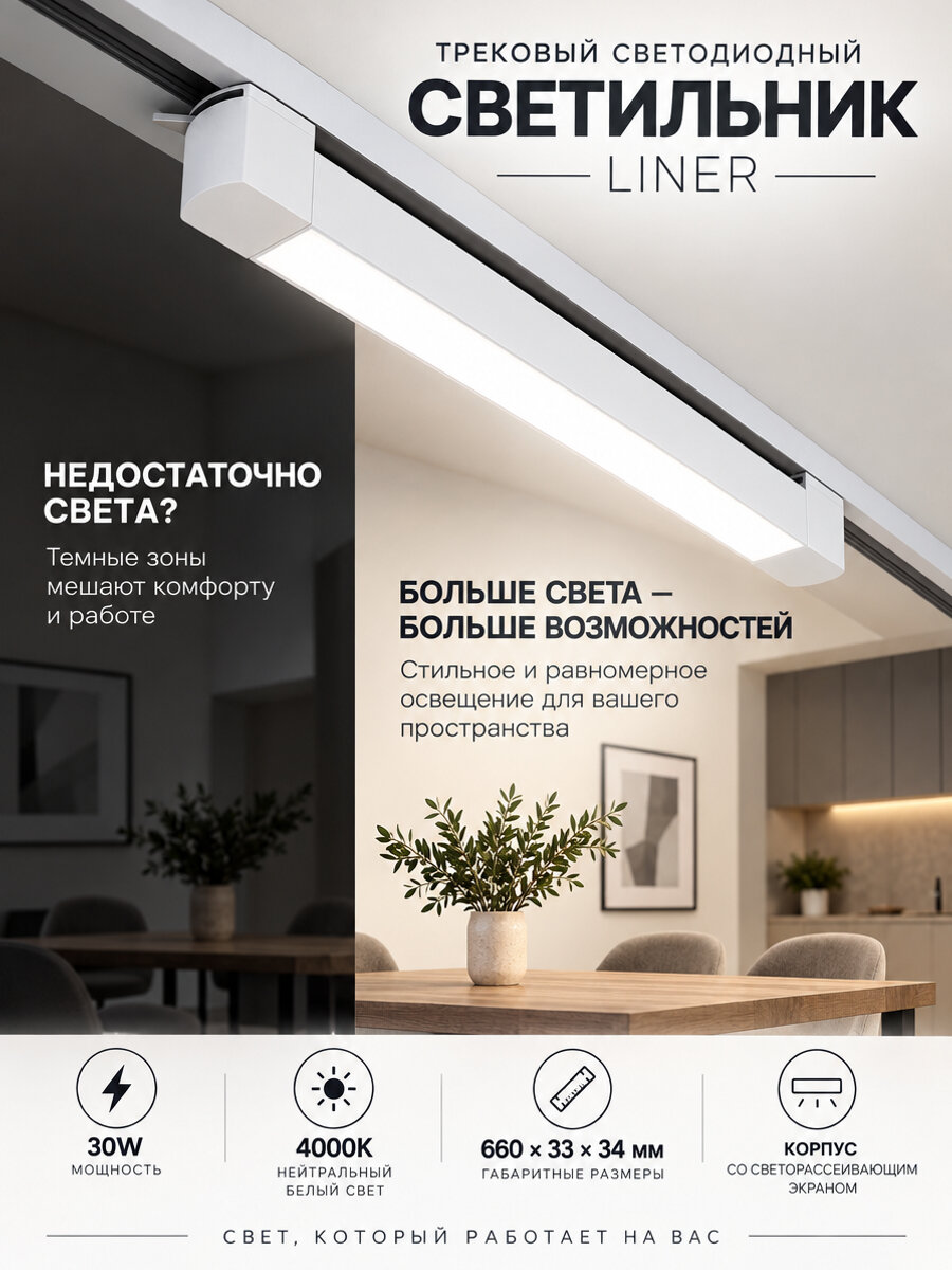 Трековый светодиодный светильник LINER, 30W, 4000K, Белый корпус, 660х33х34mm