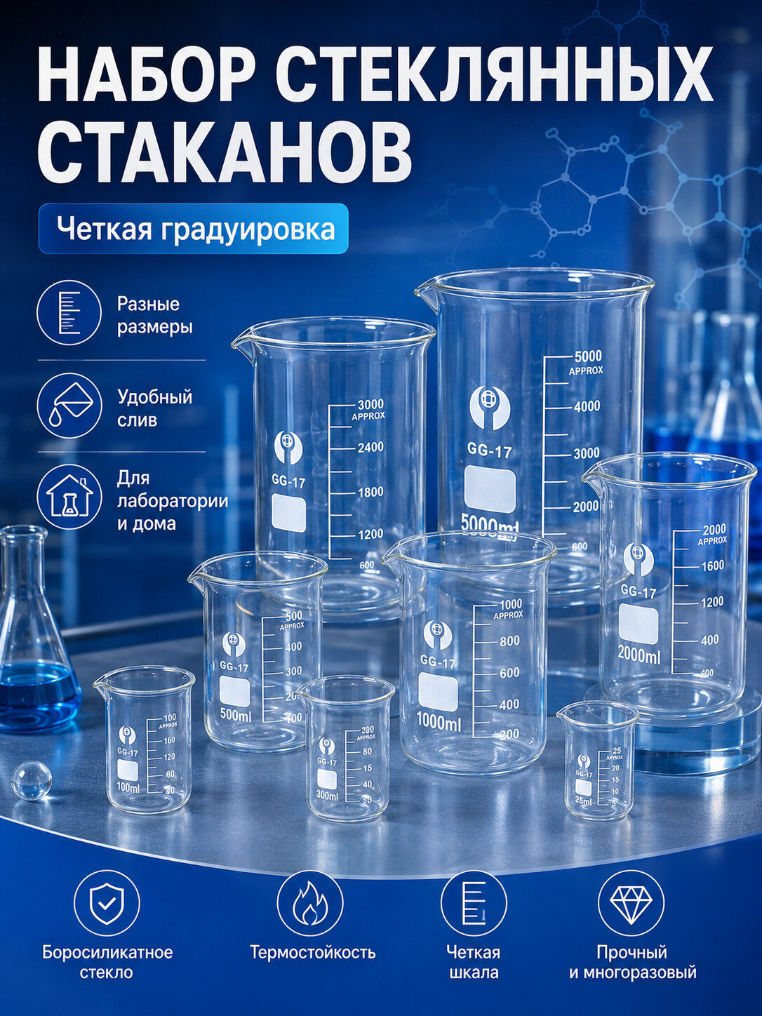 Лабораторный стеклянный мерный стакан 10 мл, прозрачная посуда для опытов и смешивания