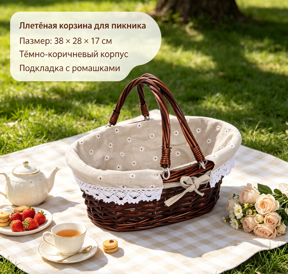 Плетеная корзина для пикника с ручкой, подкладка с кружевом, корзина для хранения на открытом воздухе