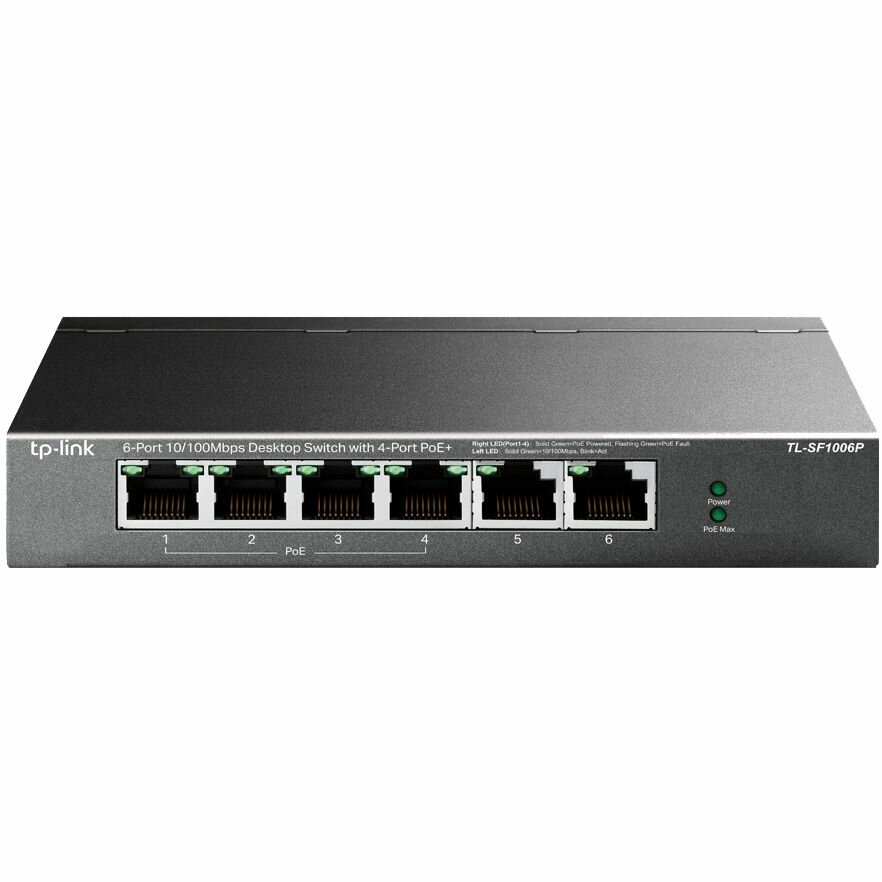 4-port 10/100 Mbit / s unmanaged PoE + switch with 2 10/100 Mbit/s Uplink ports, metal case, desktop installation, 4 802.3 af/at PoE+ ports, 2 10/100 Mbit/s Uplink ports
