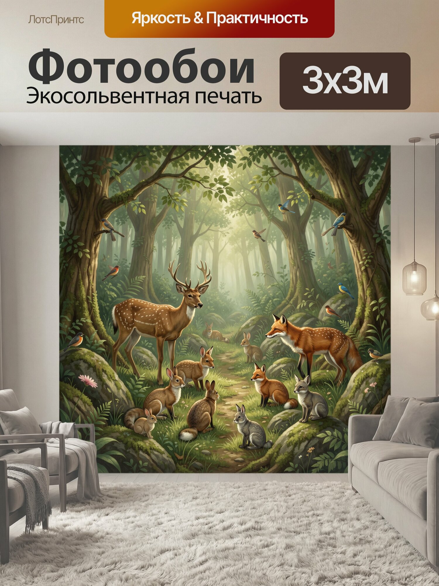 Фотообои "Лесная поляна с оленем и лисами. Сказочная чаща в мягком солнечном свете: пятнистый самец, рыжие лисицы, зайцы и певчие птицы среди." 300x300 см. экосольвентная печать