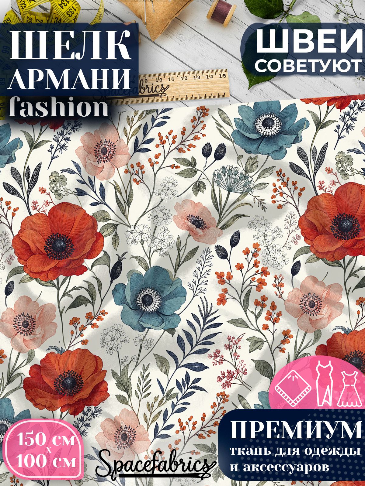 Ткань для шитья шелк Армани, искусственный атлас шелк для костюмов, платьев, юбок с принтом Анемоны и маки