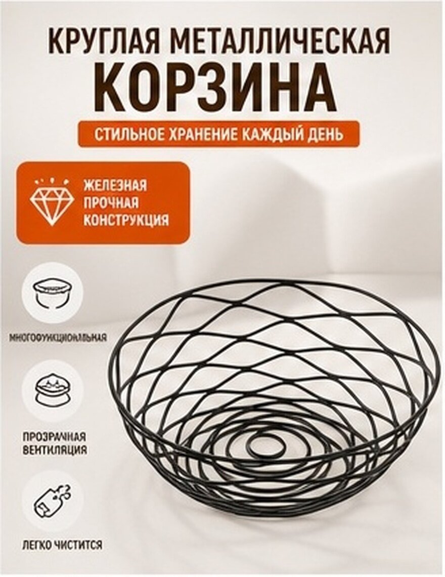 Прочный Чёрный Металлический Корзина Для Фруктов И Хлеба 21X21X7 2Cm