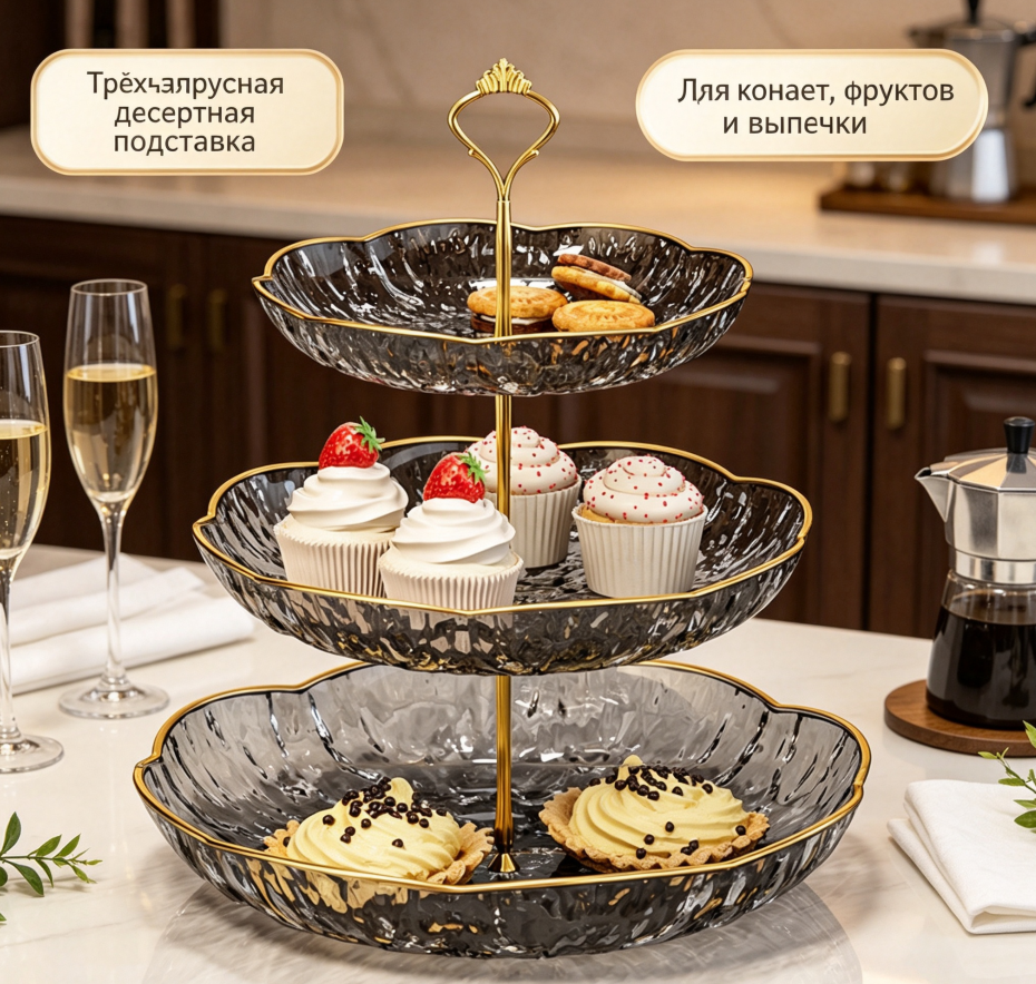 Роскошная многоярусная тарелка для фруктов с лепестками, отделанными золотой каймой, идеально подходит для хранения