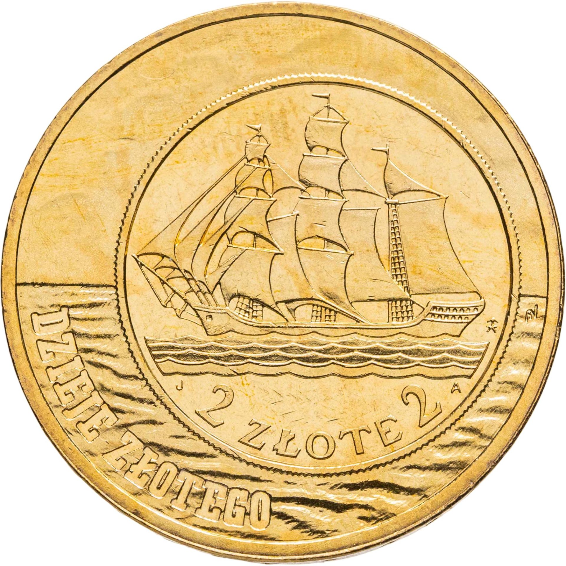 Польша 2 злотых zlote 2005 История польского злотого - парусное судно на 2 злотых 1936 года, Латунь, в сохранности UNC