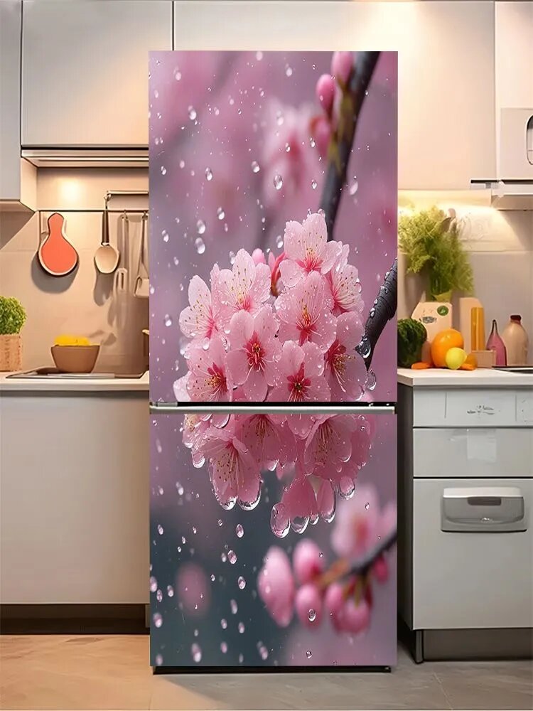 2D наклейка на плоский холодильник, 58X180CM цветы сакуры с каплями , Украшенные наклейки для холодильника