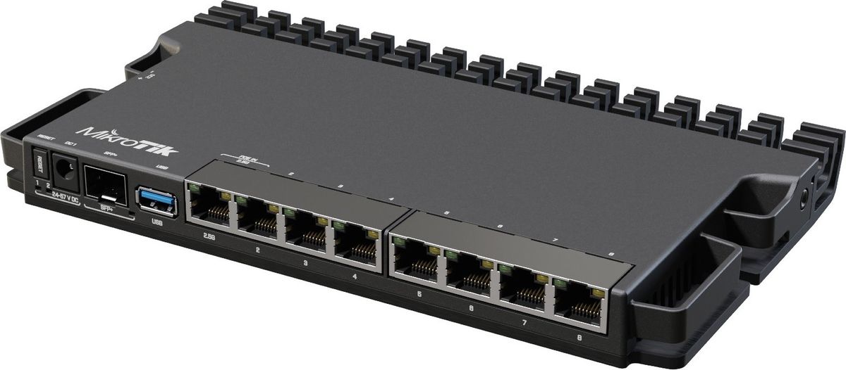MikroTik RouterBORD 5009UG+S+ with Marvell Armada ARMv8 CPU (4-cores, 1.4GHz per core), 1GB of DDR4 RAM, 1GB NAND storage, 1x 2.5Gbit LAN, 7x 1Gbit LAN, 1xSFP+ port, RouterOS L5, metal desktop case, P
