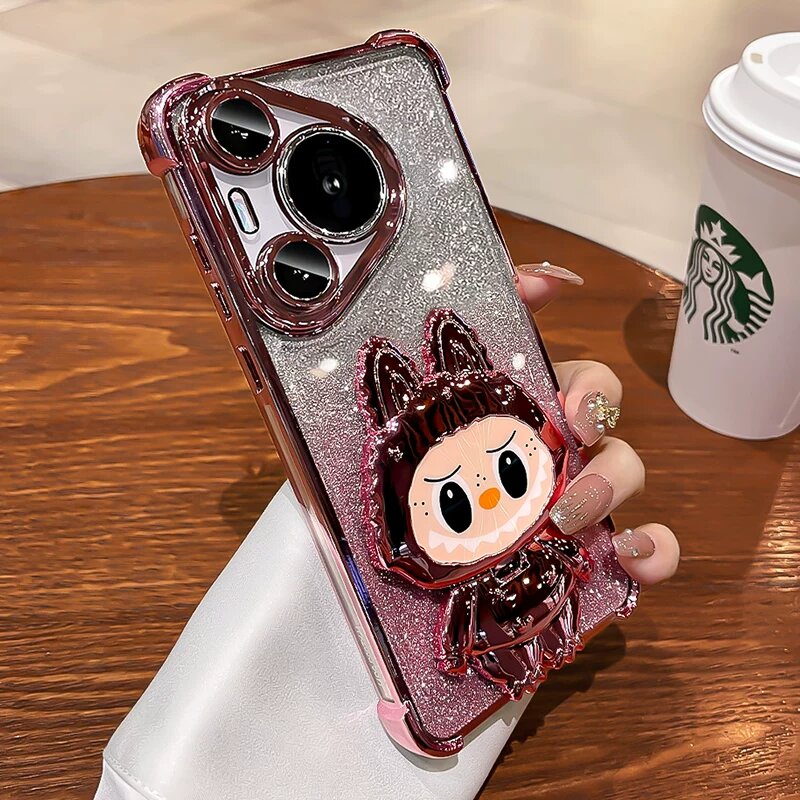 Чехол для Huawei P50 с зеркалом и подставкой, розовый + блестящая карта, элегантная защита смартфона