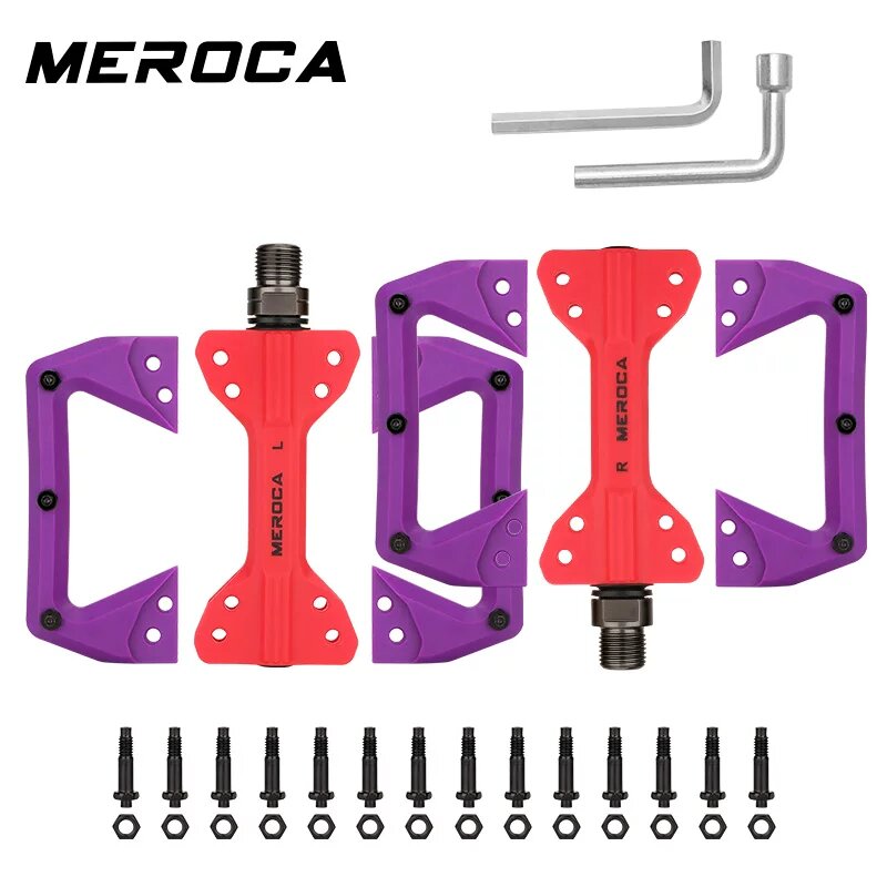 MEROCA MTB Велосипедные педали пара, красная основа фиолетовая подошва, прочный нейлон нескользящий для горных