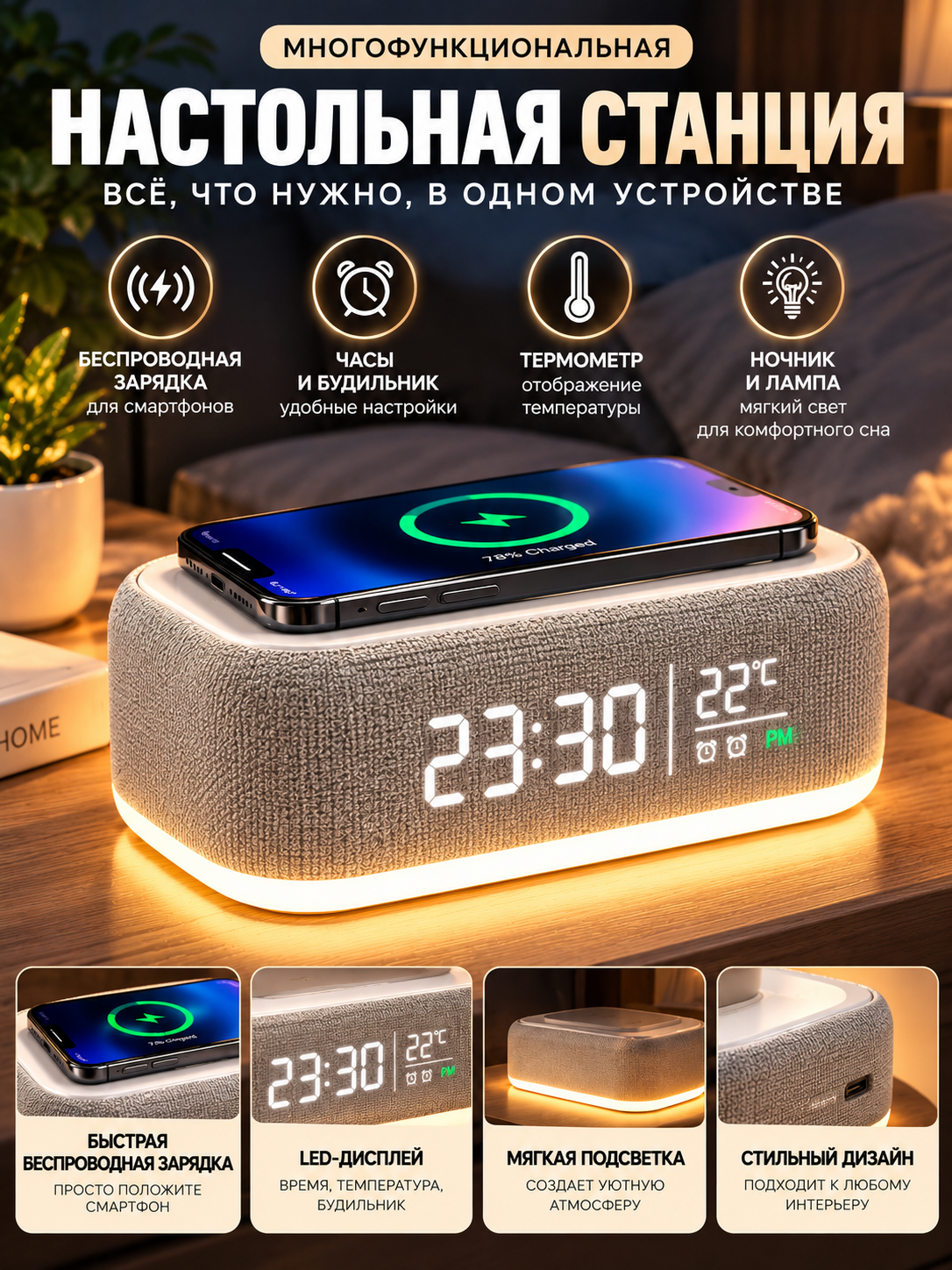 Настольные часы с беспроводной зарядкой, LED-будильник, термометр, ночник, для спальни и смартфона
