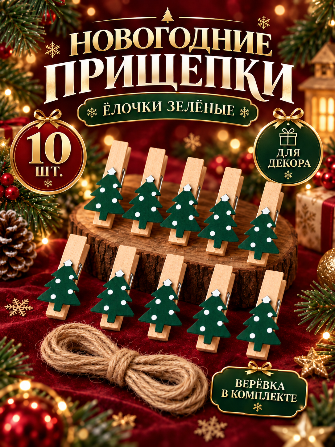 Прищепки декоративные с верёвкой для подвеса «Ёлочки зелёные» набор 10 шт, 1,5 × 12 × 14 см
