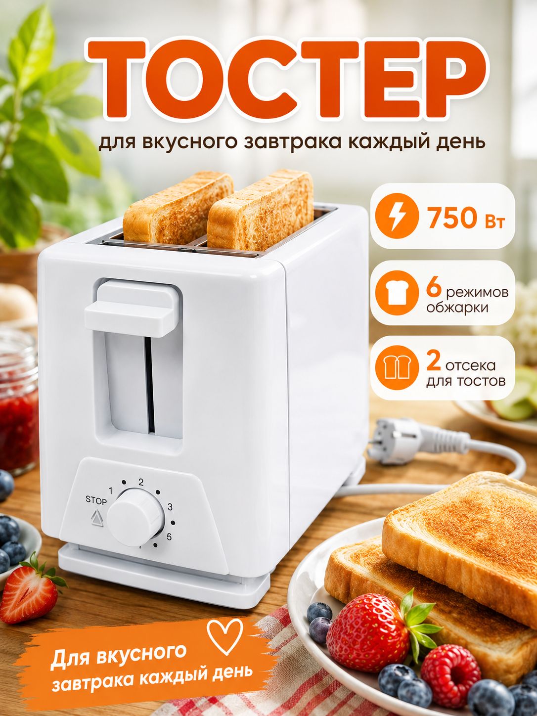 Тостер 面包机_aaa8b8a9-babb-4ba9-88b8-b8889baaaaa8 750 Вт тостов - 2, белый