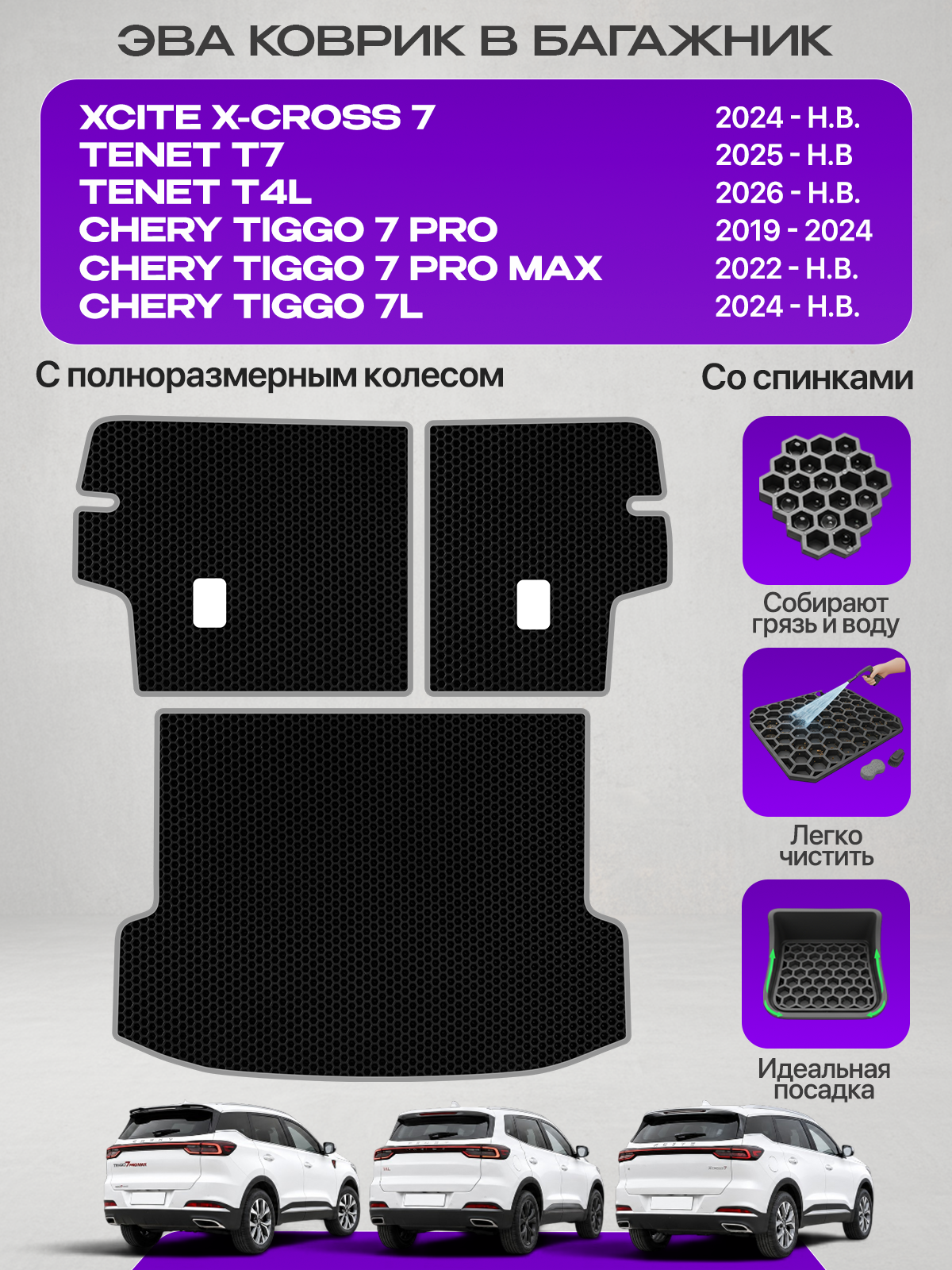 Коврик в багажник и на спинки сидений для XCITE X-CROSS 7, Chery Tiggo 7 Pro / 7 Pro Max, Tiggo 7L, Tenet T7, TENET T4L (с полноразмерным колесом), с серым кантом ( Икссайт Икс 7, Тенет Т4Л / T7 , Черри Тигго 7 Про / 7 Про Макс / 7л )