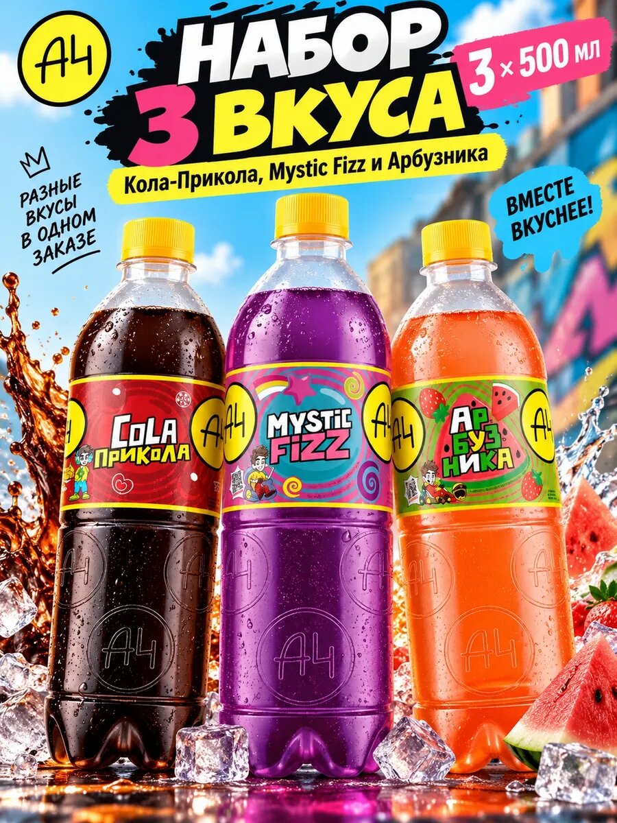 Набор напитков А4 Кола-Прикола, Mystic Fizz и Арбузника, 3 вкуса по 500 мл: Кола-Прикола, Mystic Fizz, Арбузника, лимонад Влад А4, ассорти вкусов