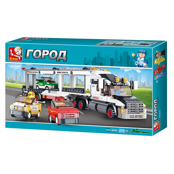 Конструктор M38-B0339 "Автовоз с легковыми машинками и фигурками людей" (638 дет.) в коробке