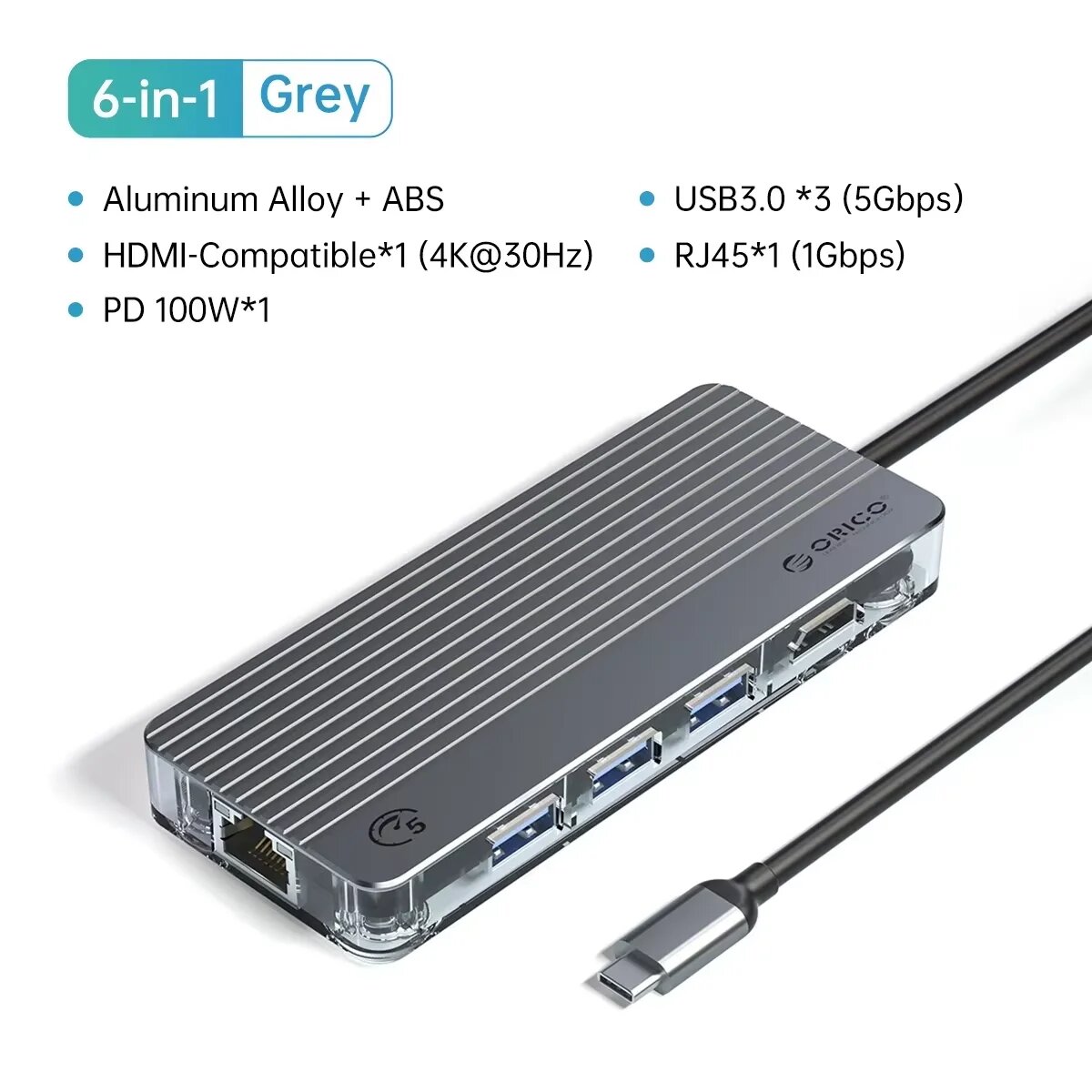 ORICO 6-in-1 USB-C док-станция, серая