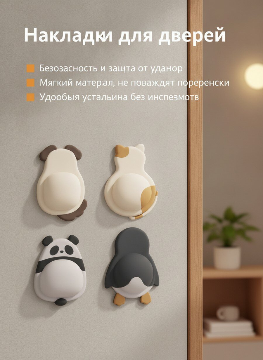 Наклейки силиконовые защитные на дверь в виде животных, комплект 3 шт, assorti, самоклеящиеся, для защиты от ударов